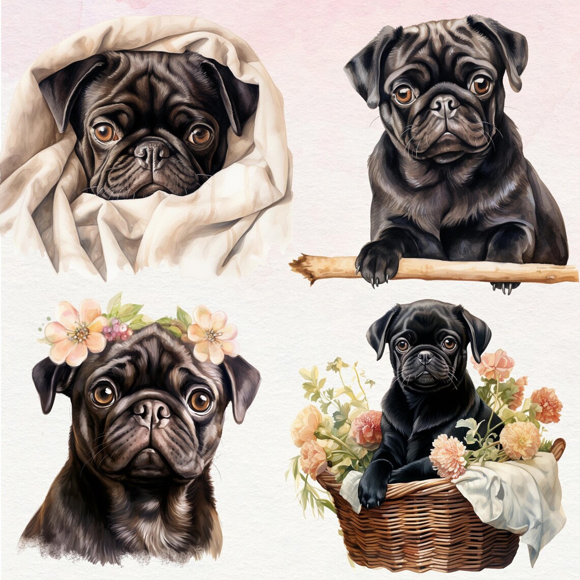 Black Pug Clipart Watercolor Pug Clipart Bundle Dog PNG - Etsy Canada