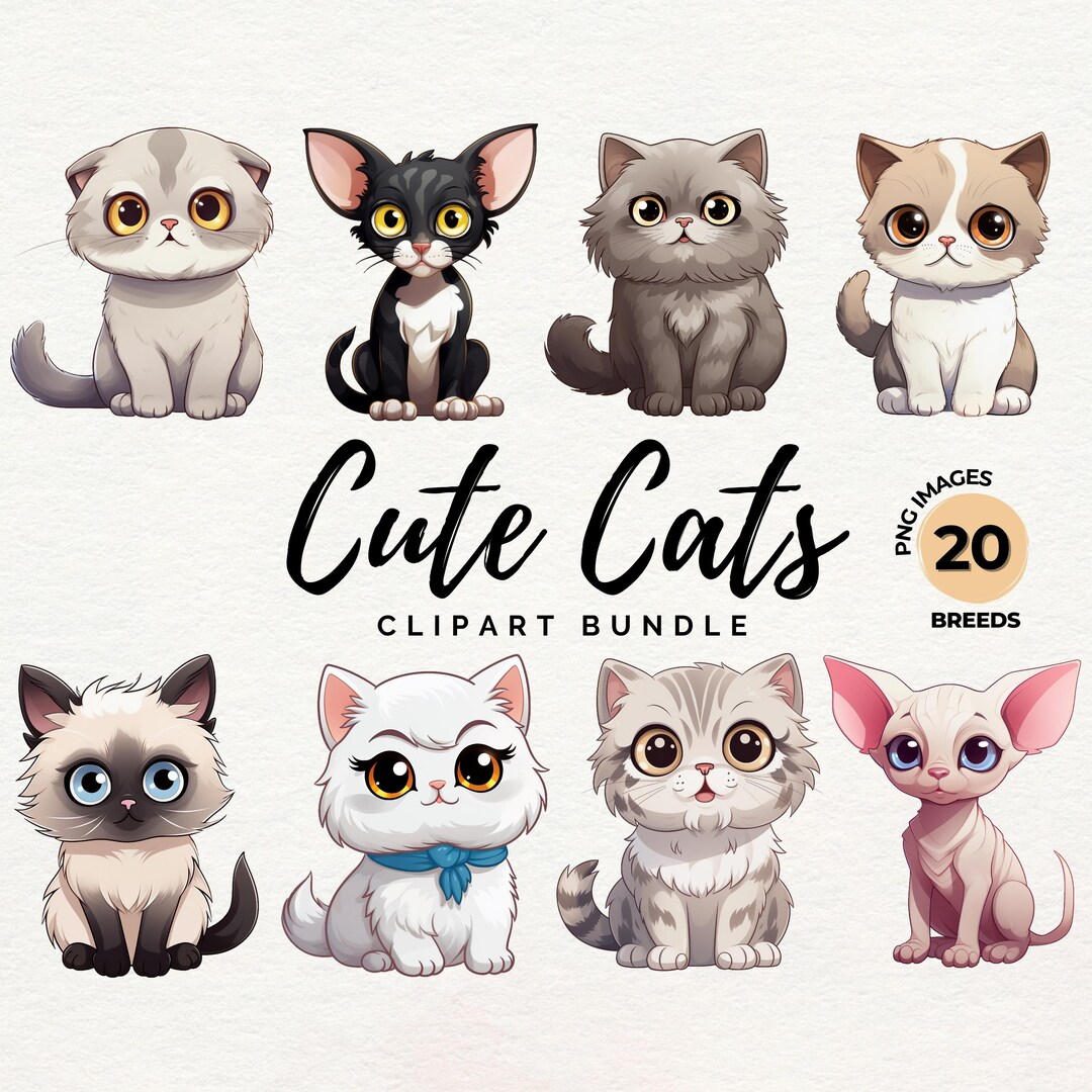 Cute Cats Clipart Bundle | 20 Cats PNG Printable, Cute Cat Breeds ...
