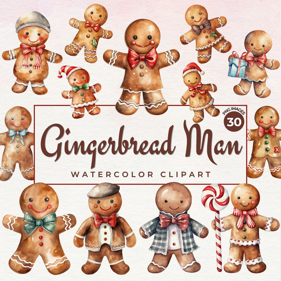 Watercolor Gingerbread Man PNG | 30 Gingerbread Clipart Bundle, Winter ...