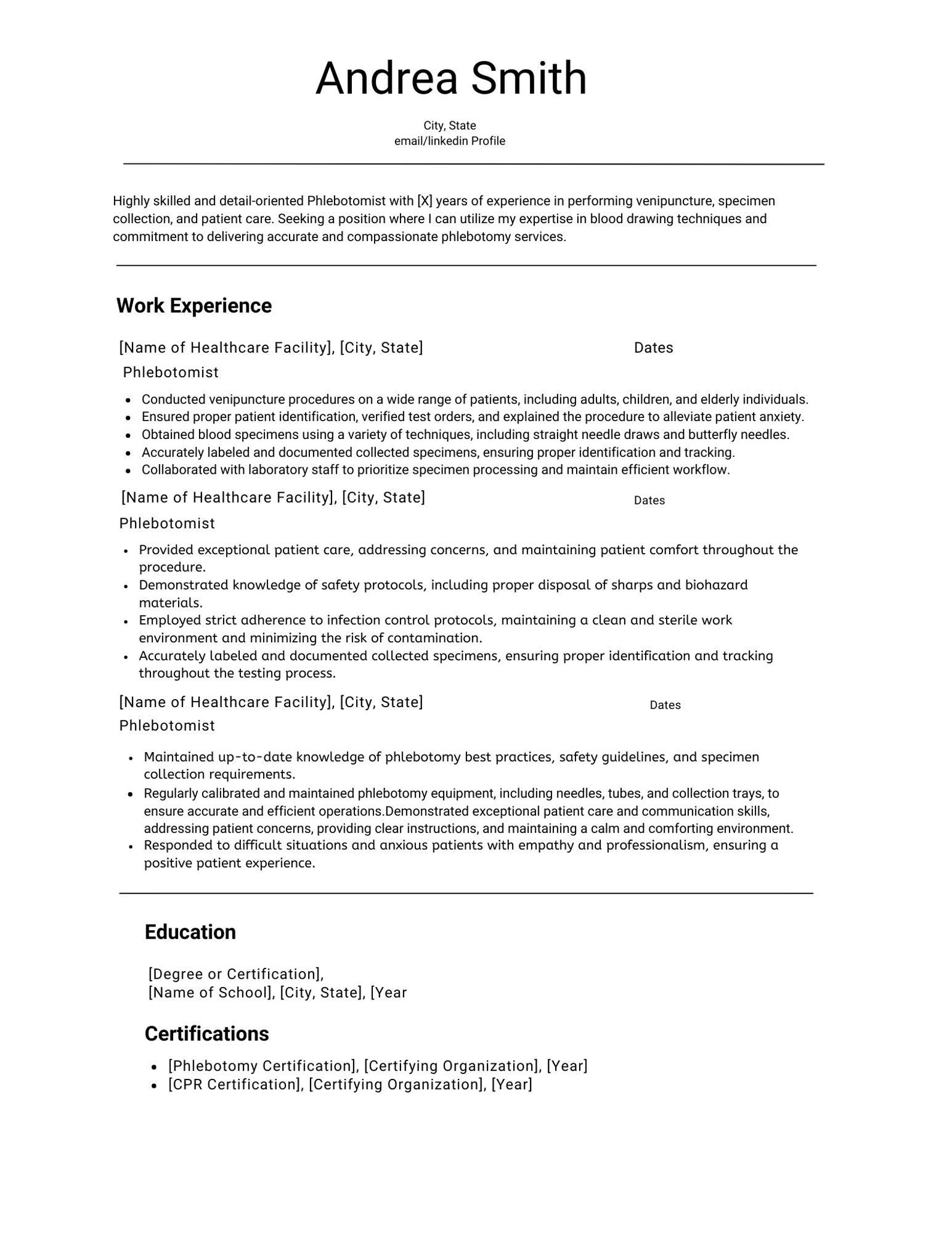 Minimalist Phlebotomist Resume Template and Cover Letter - Etsy