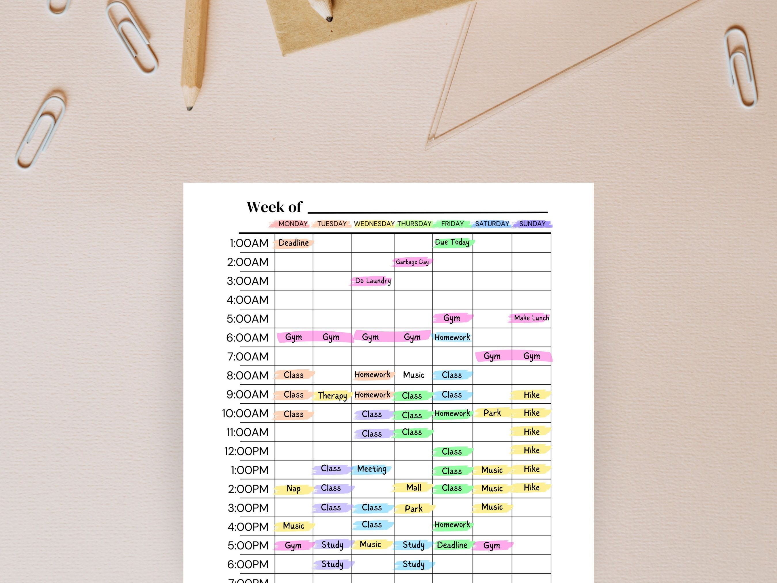 Printable Student Planner 24 Hour Time Block Planner Class Schedule ...