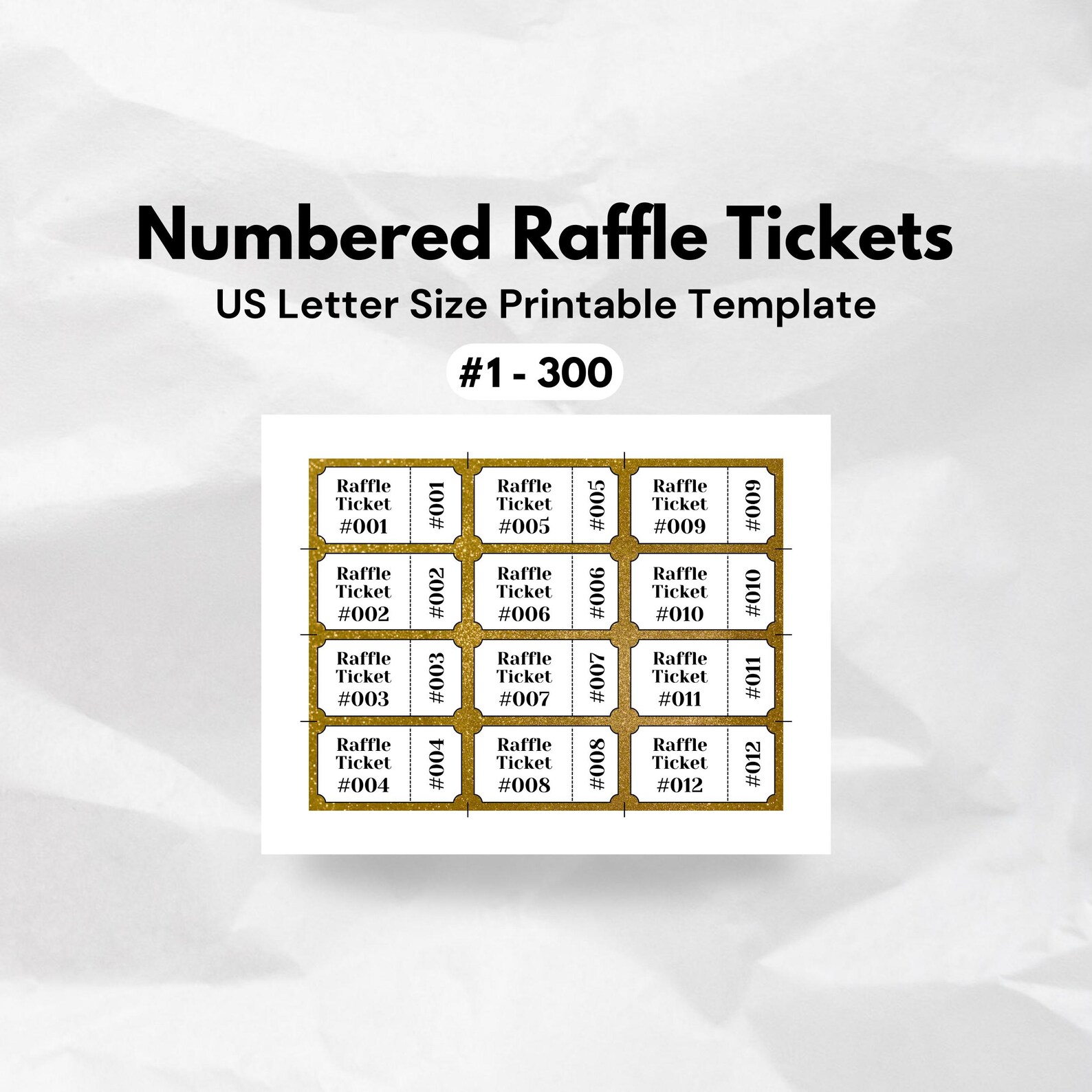 Gold Numbered Raffle Tickets Printable Enter to Win Gala Fundraiser Ticket With Numbers 1 to 300 ...