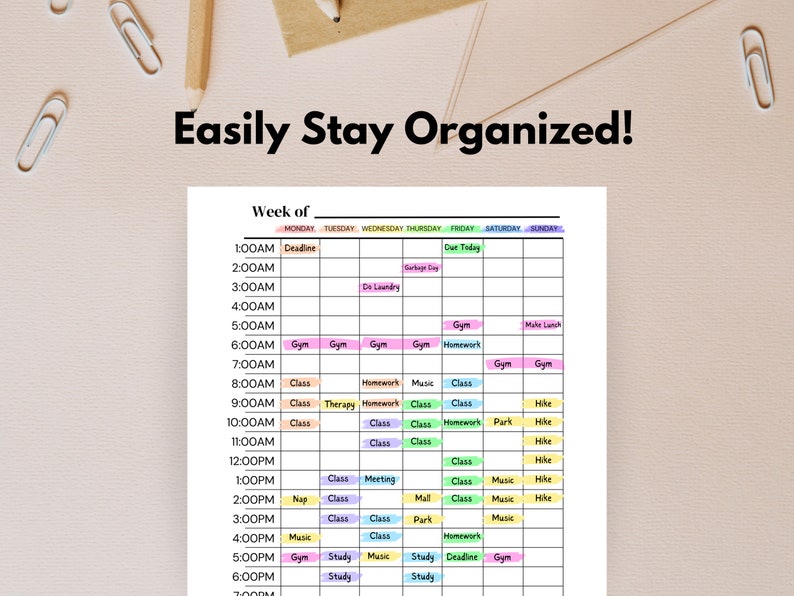 Printable Student Planner 24 Hour Time Block Planner Class Schedule ...