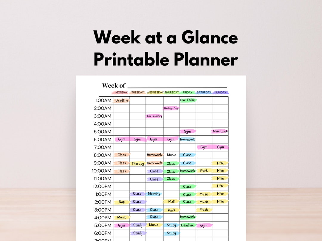 Week at a Glance Planner 24 Hour Time Block Printable PDF Class ...