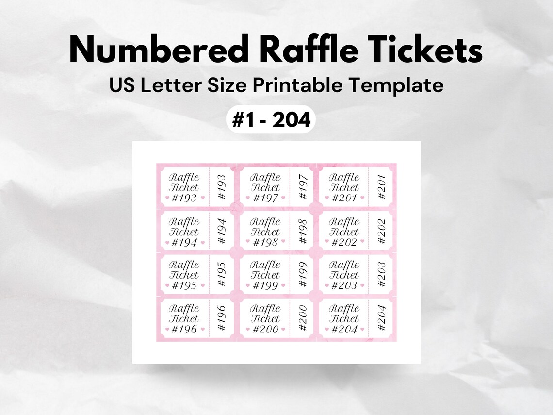 Pink Wedding Printable Numbered Raffle Tickets Door Prize Draw Entry ...
