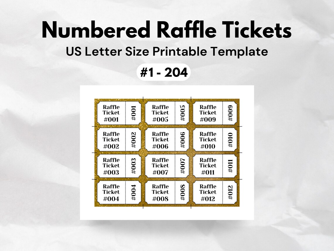 Gold Numbered Raffle Tickets Printable Enter to Win Gala Fundraiser ...