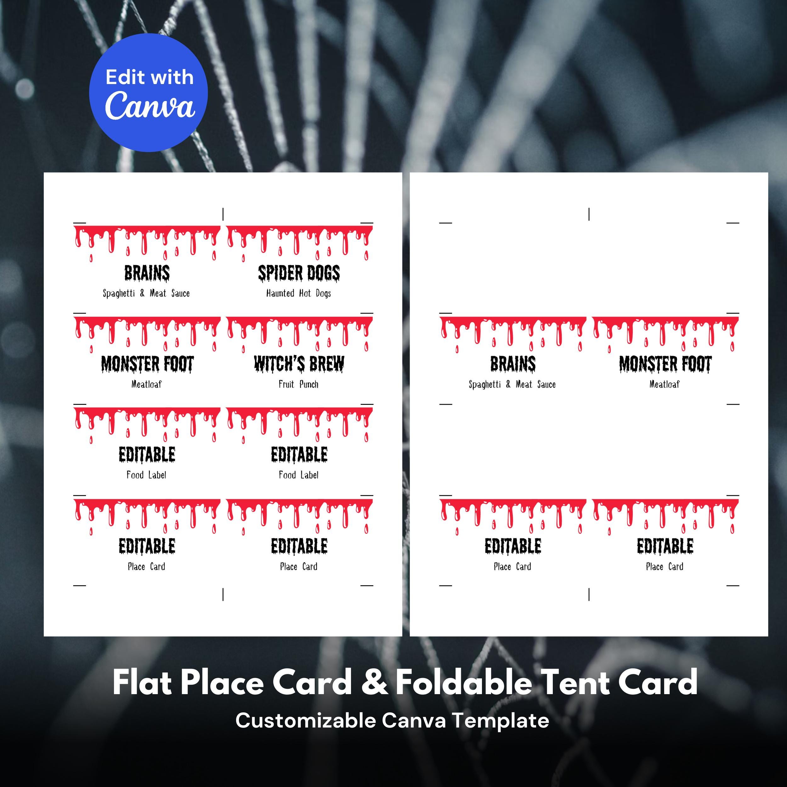 Editable Spooky Place Card Canva Template Halloween Food Label Tent ...