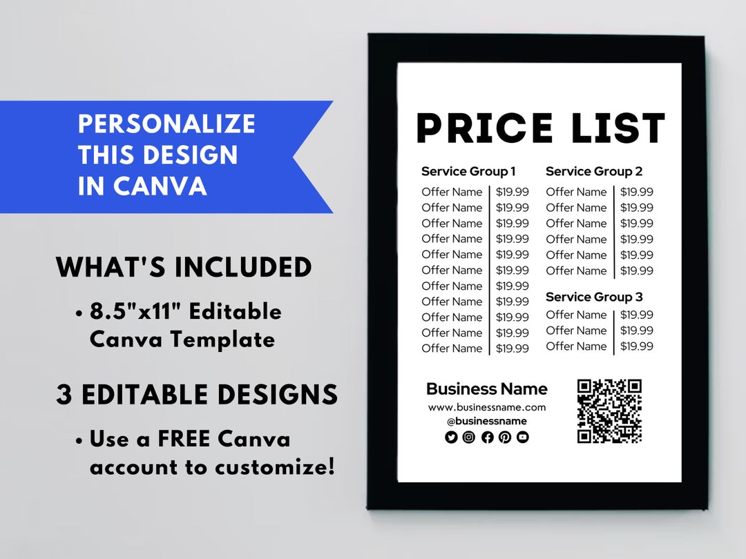 Bold Modern Price List Editable Template for Canva DIY Small - Etsy