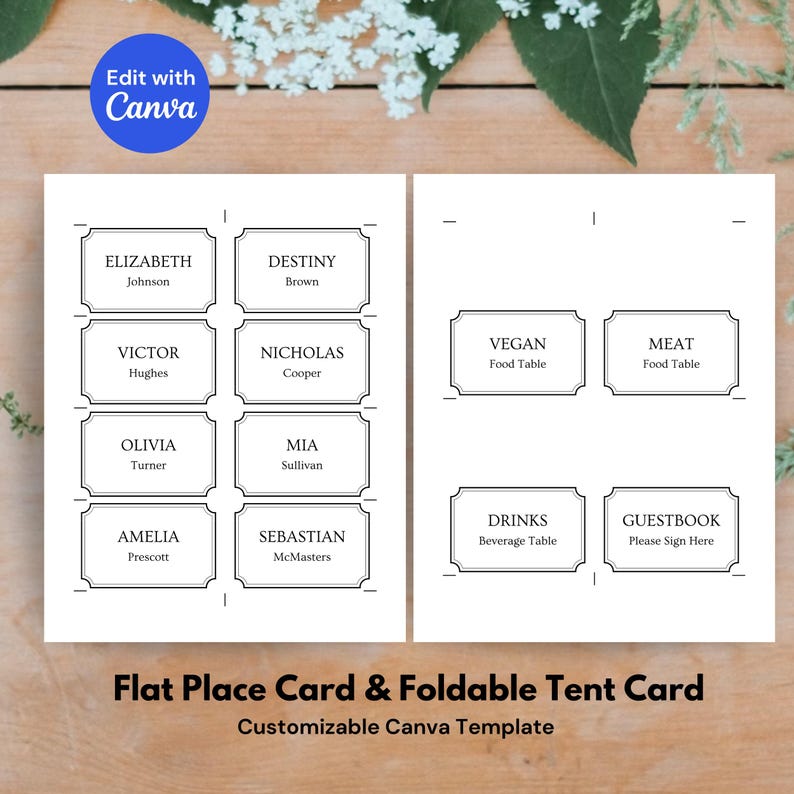 Editable Geometric Outline Place Card Canva Template Food Label Tent ...