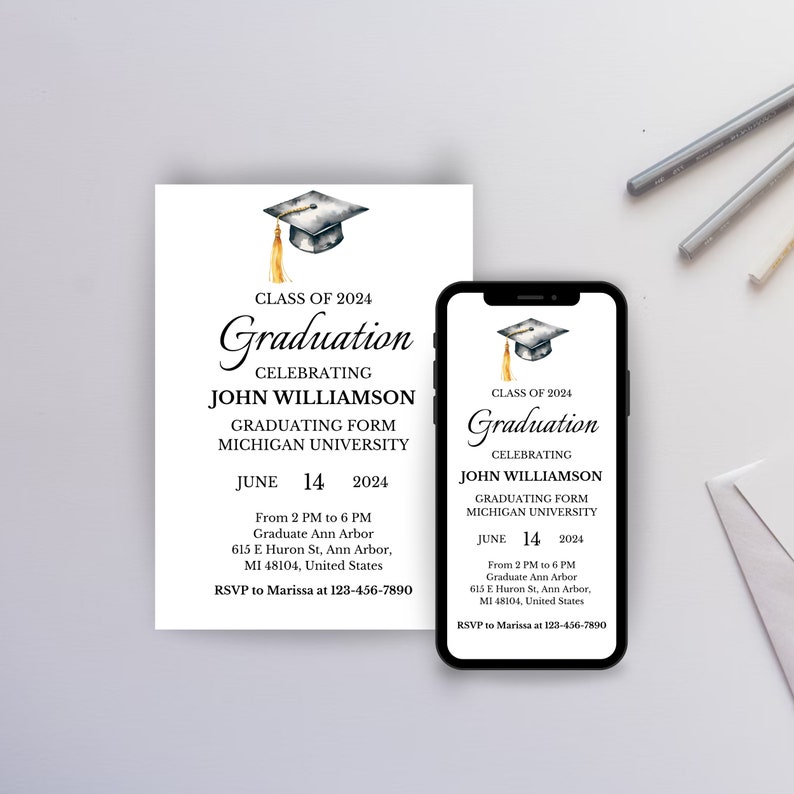Graduation Invitation Editable Template for Canva Customizable Minimal ...