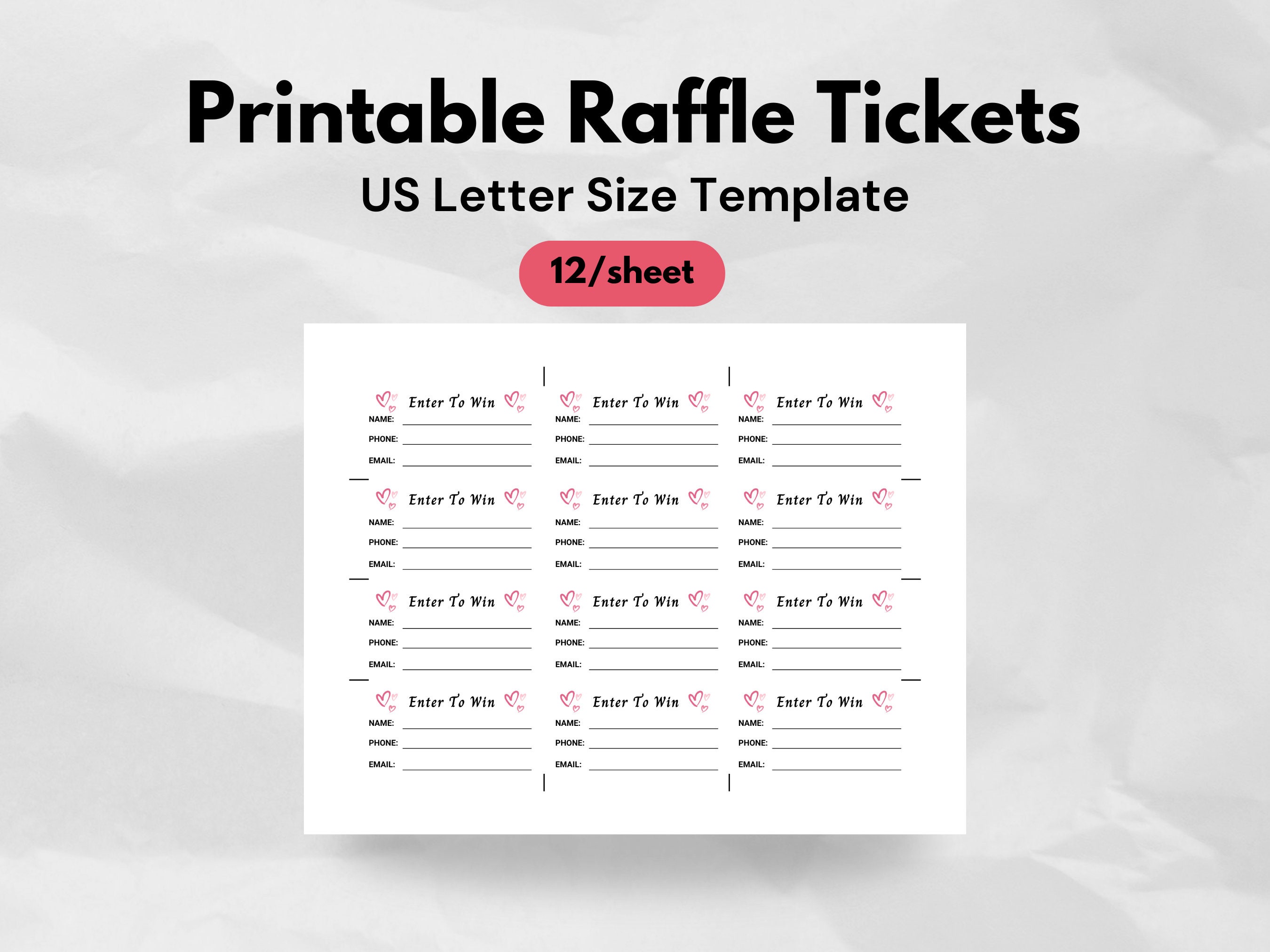 Pink Hearts Printable Raffle Ticket Template Valentines Day Enter to ...