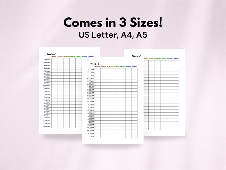 7 Day Planner Printable PDF 24 Hour Time Block Hourly Daily Planner ...