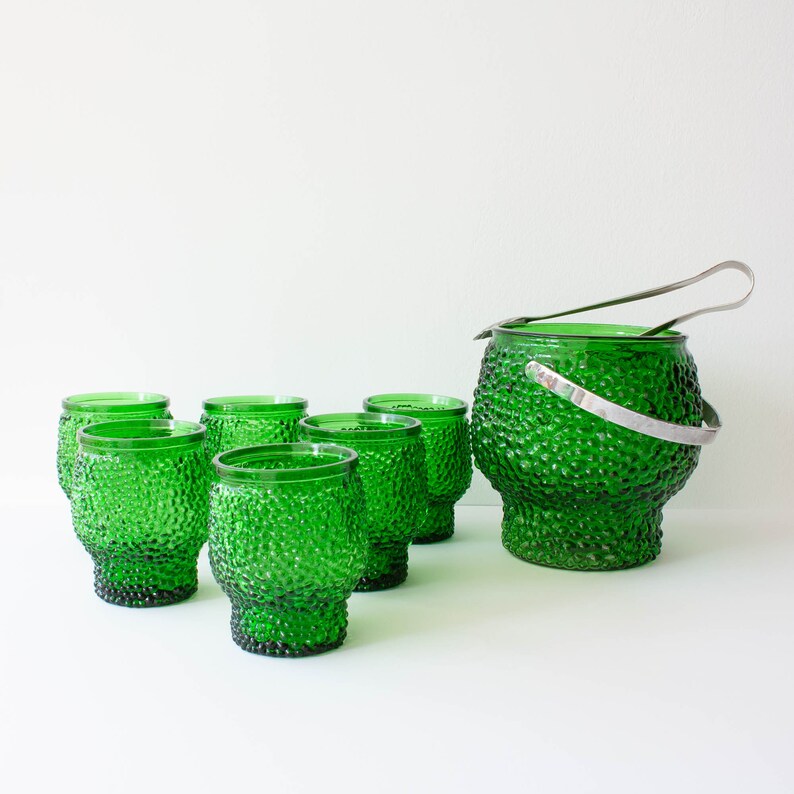 Vintage Green Set of 6 Cocktail Bubble Glasses, Ice Bucket and Ice ...