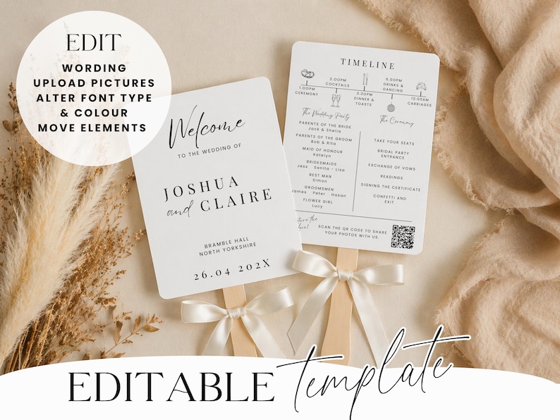 Wedding Program Fan Template Editable Canva Printable Wedding Program ...