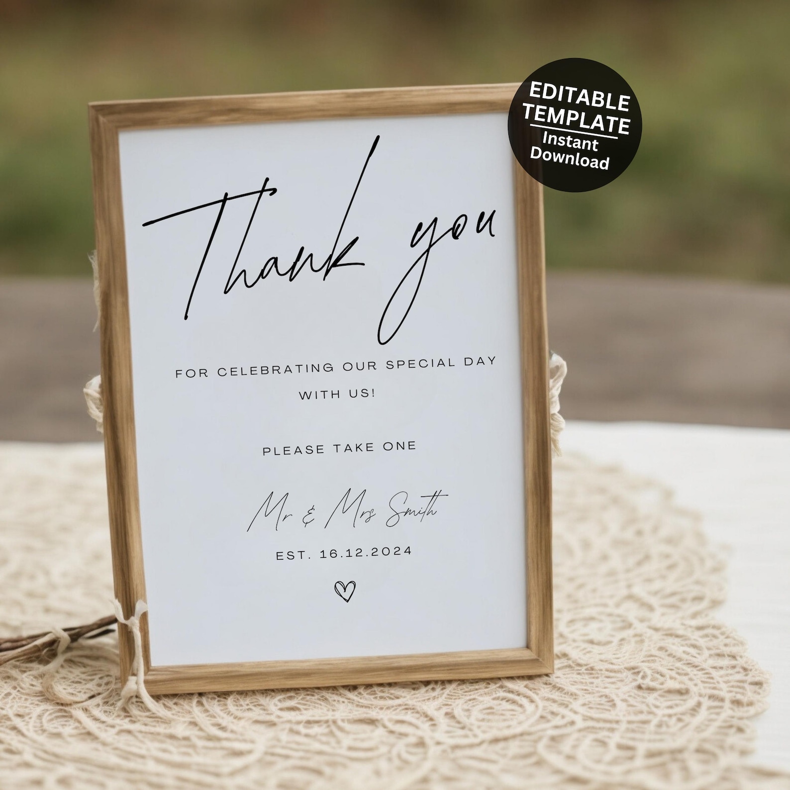 Modern Wedding Thank You Sign Template for Minimalist Wedding Favour ...