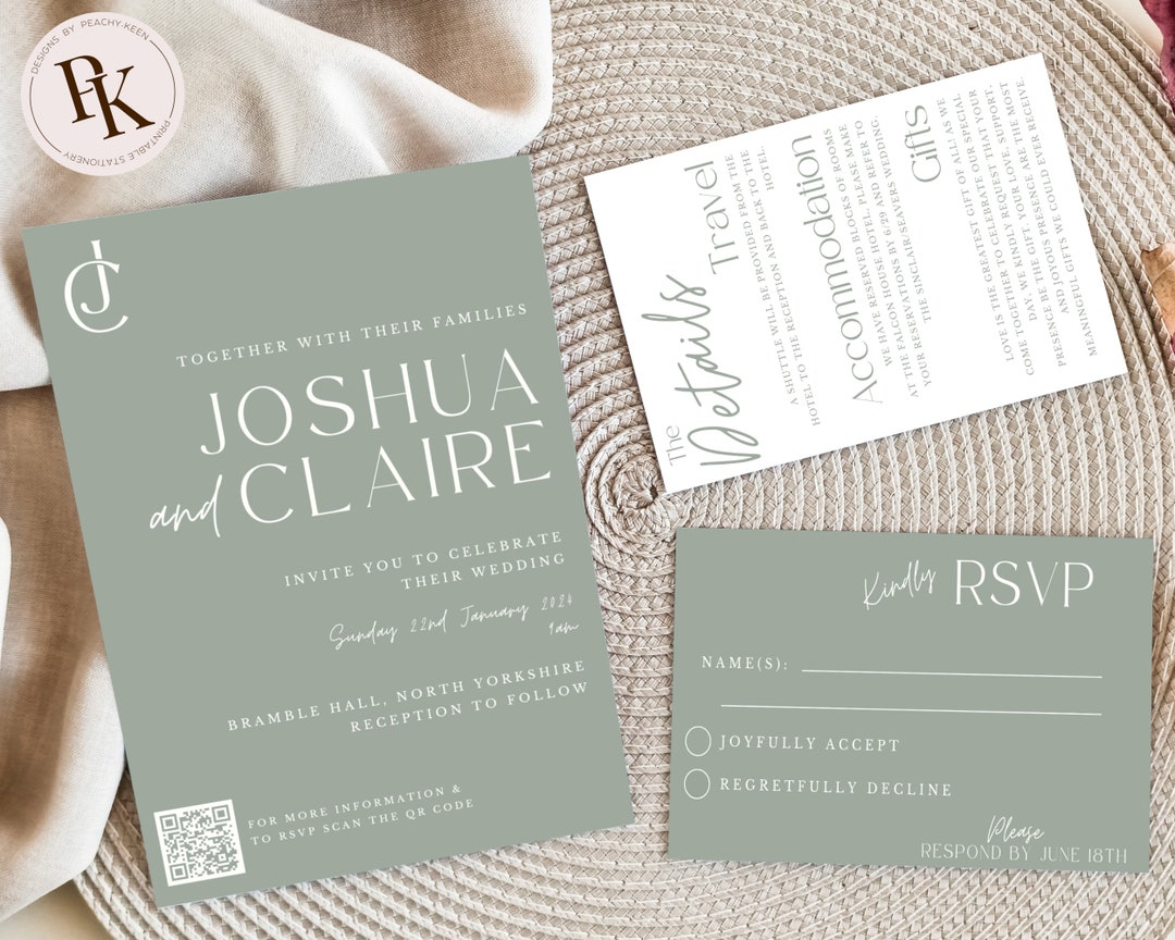 Suite Sage Green Wedding Invitation Bundle for Minimalist Wedding ...