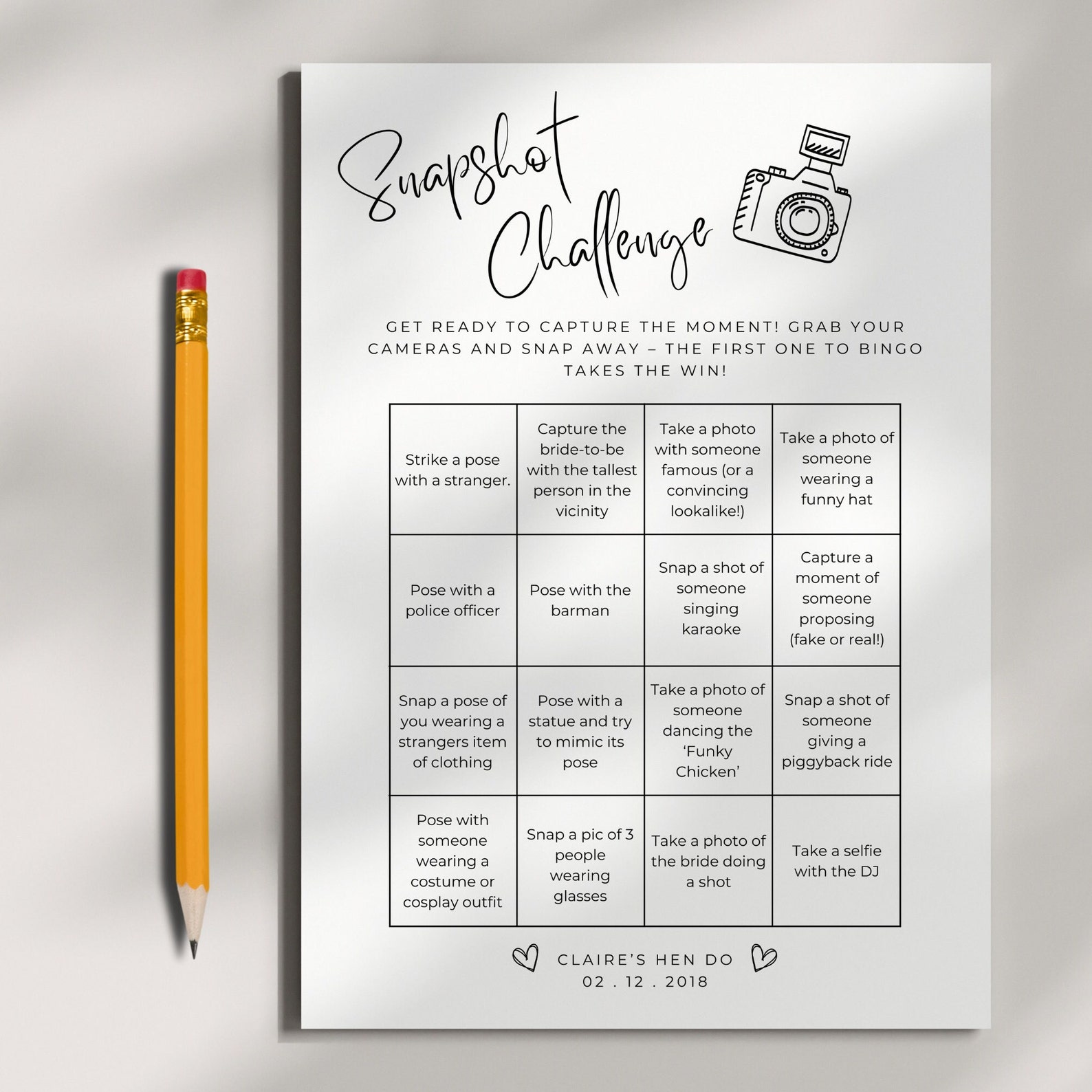 Selfie Challenge Hen Party Game Selfie Bingo Game for Hen Do Challenge ...