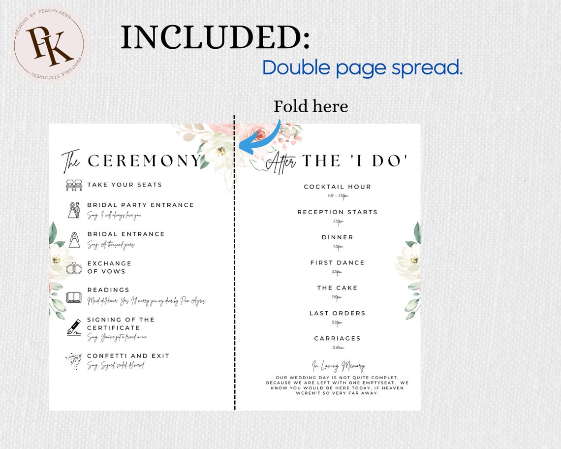 Printable Church Program for Wedding Day Folded Order of Service ...