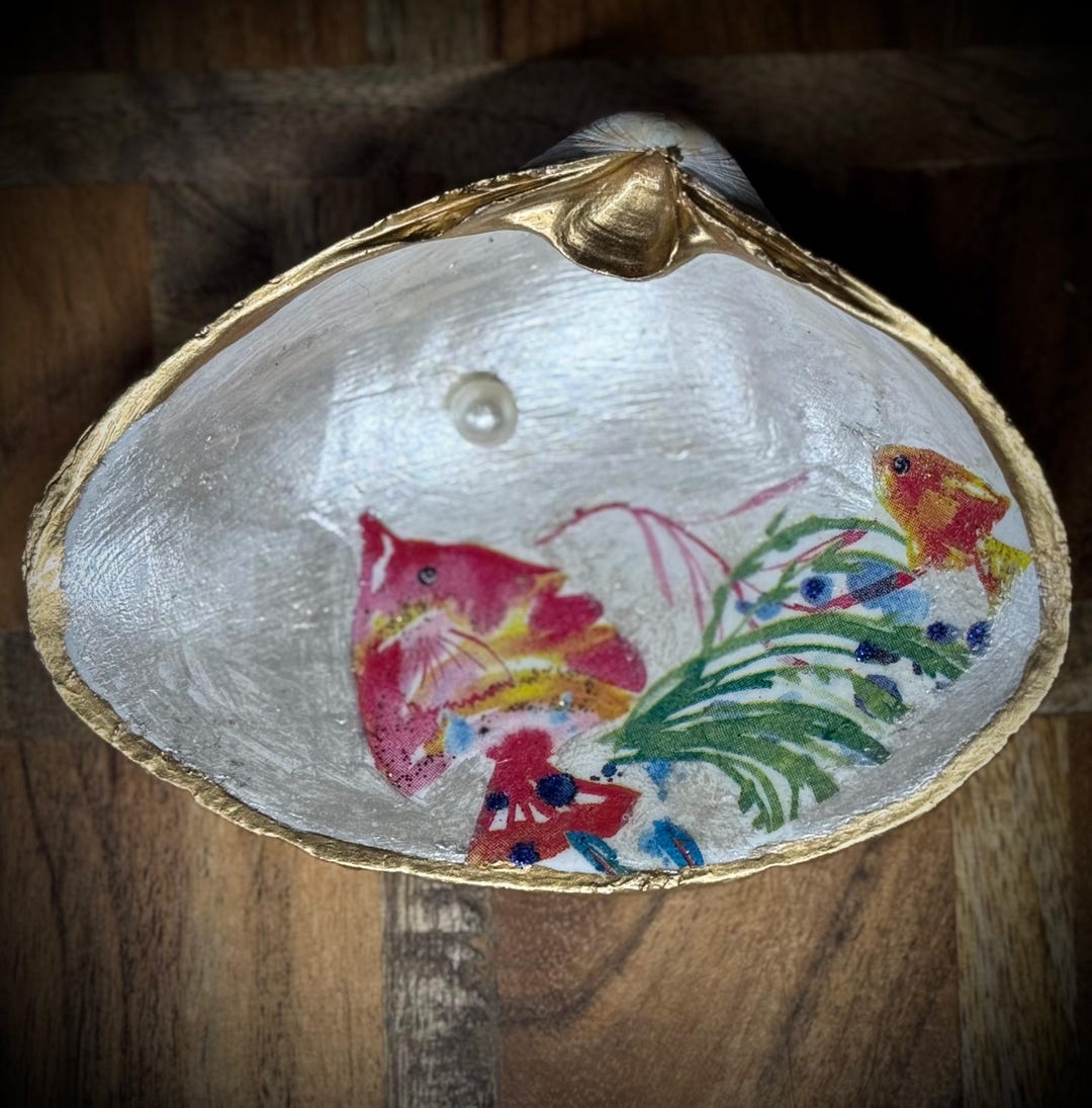 Decoupage Fish Clam, Shell Art, Wedding Gift, Beach Decor, Jewelry ...