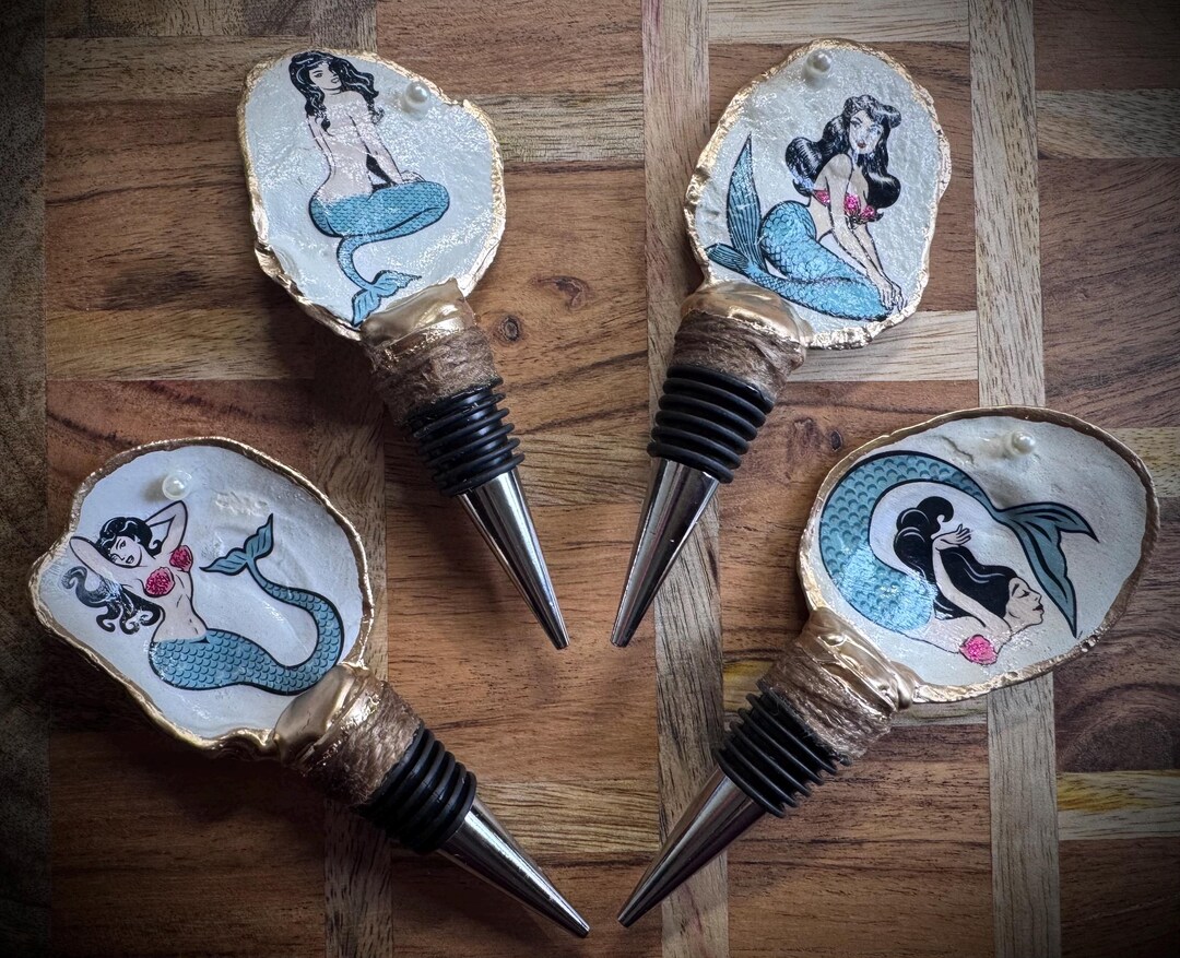 Set of 4- Handcrafted Mermaid Oyster Shell Wine Stoppers, Pin-up ...
