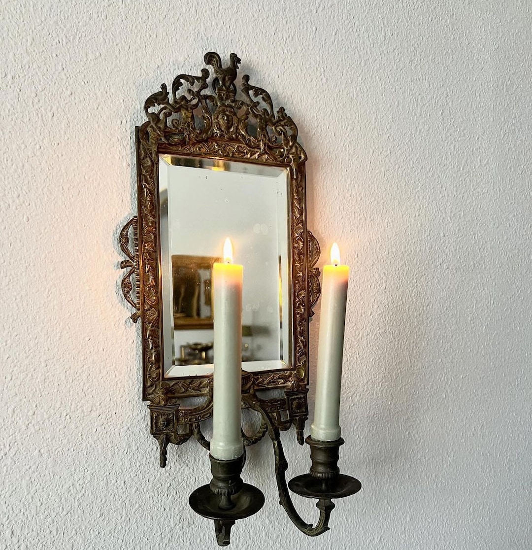 Set of Two French Antique Brass Beveled Mirror Wall Sconces - Etsy