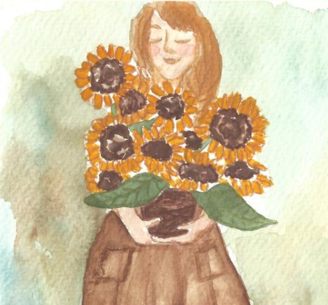 Sunflower Girl Print Flower Farmer Art Watercolor Illustration Print by ...