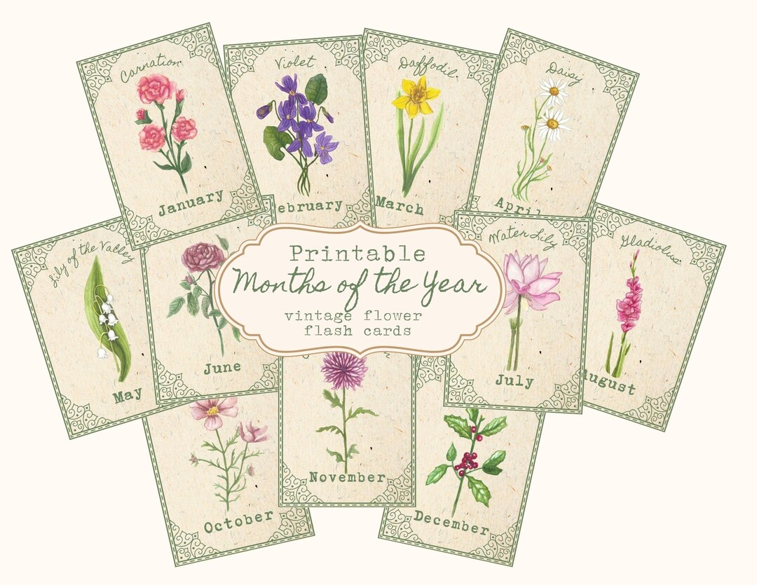 Months of the Year Flashcards Flowers Vintage Seed Packets Homeschool ...