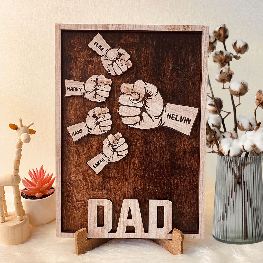 Custom Fist Bump Dad and Kids Name Wooden Sign, Personalized Family ...