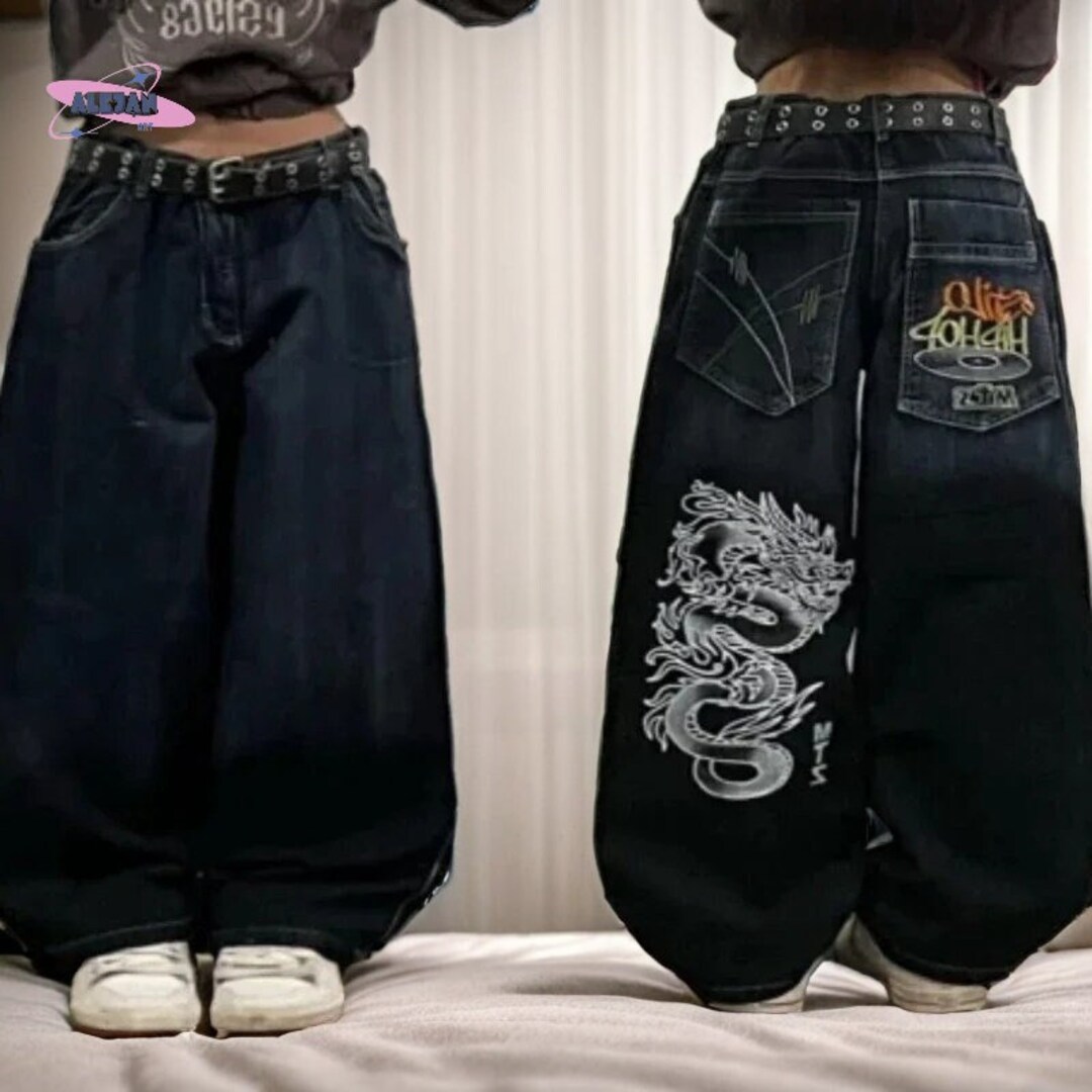Street Dragon Pattern Printed Loose Baggy Jeans, Y2K Harajuku Pocket ...