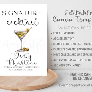 Dirty Martini Signature Cocktail Drink Bar Sign, Editable Template ...