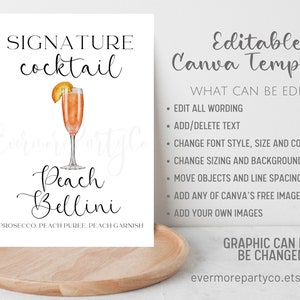 Peach Bellini Signature Drink Cocktail Bar Sign, Editable Template ...