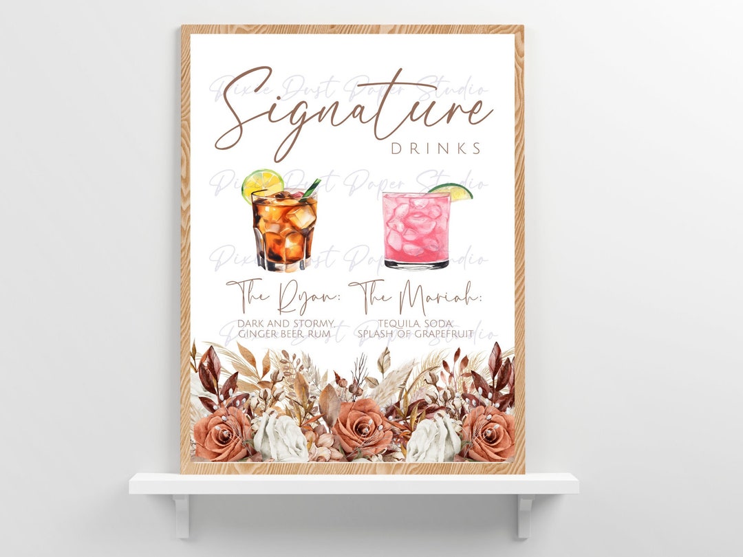 Boho Floral, Custom Cocktail Drink Sign - Printed Custom Signature ...