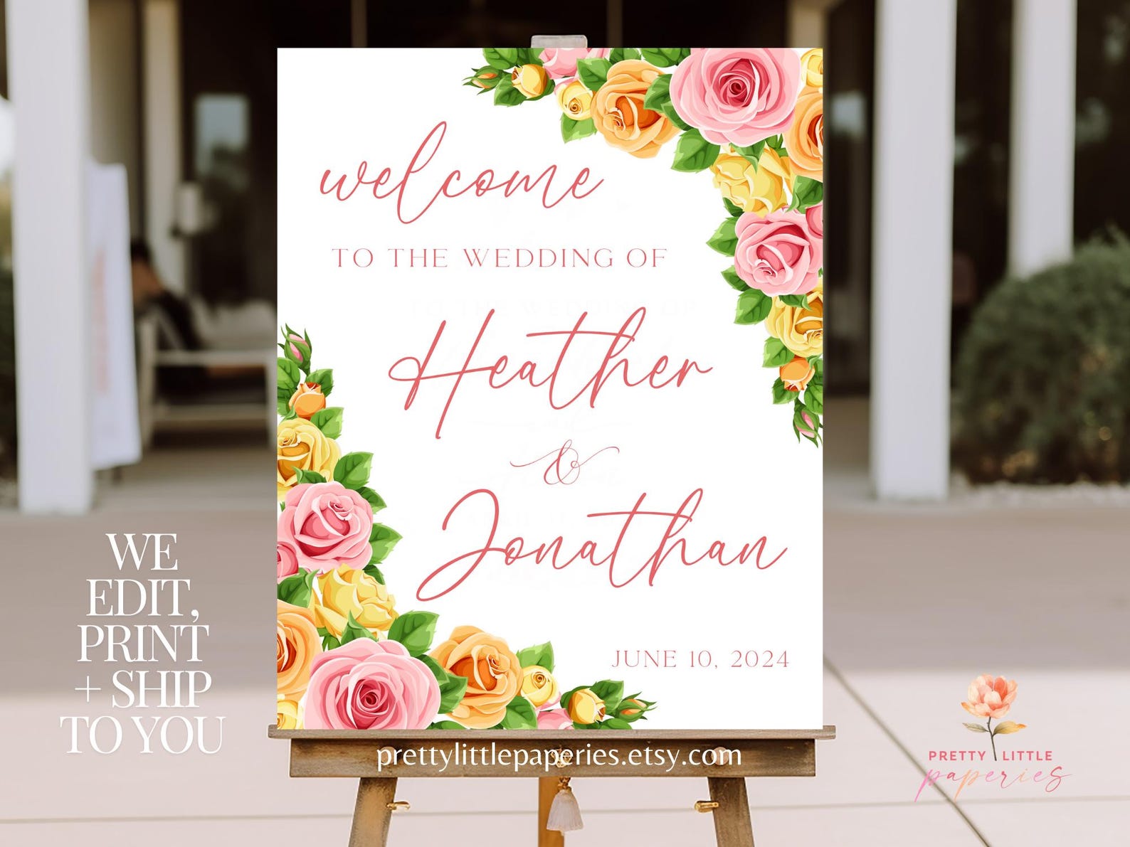 Pink and Yellow Floral Wedding Welcome Sign, Printed Custom Foam Board ...