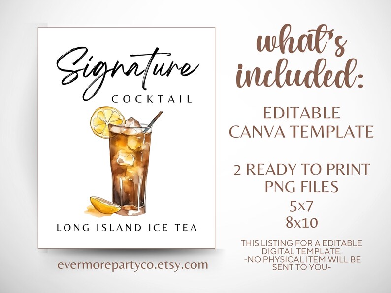 Long Island Ice Tea Signature Drink Cocktail Bar Sign, Recipe, Instant ...