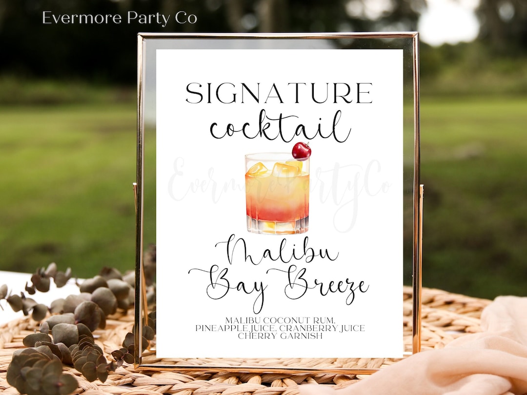 Malibu Bay Breeze Signature Cocktail Drink Bar Sign, Editable Template ...