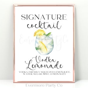 Vodka Lemonade Signature Cocktail Drink Bar Sign, Editable Template ...