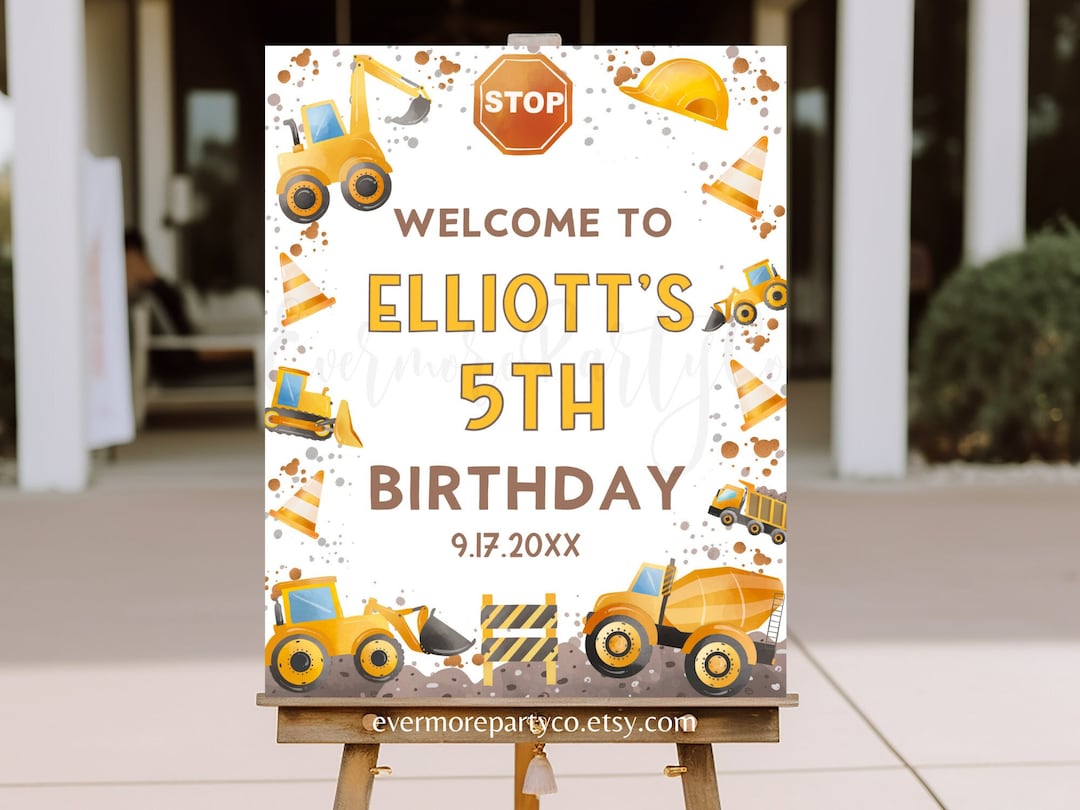 Editable Yellow Brown Construction Boys Birthday Party Welcome Sign ...