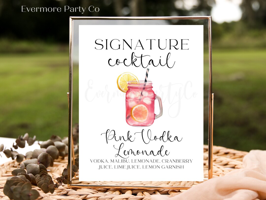 Pink Vodka Lemonade Signature Drink Cocktail Bar Sign, Editable ...