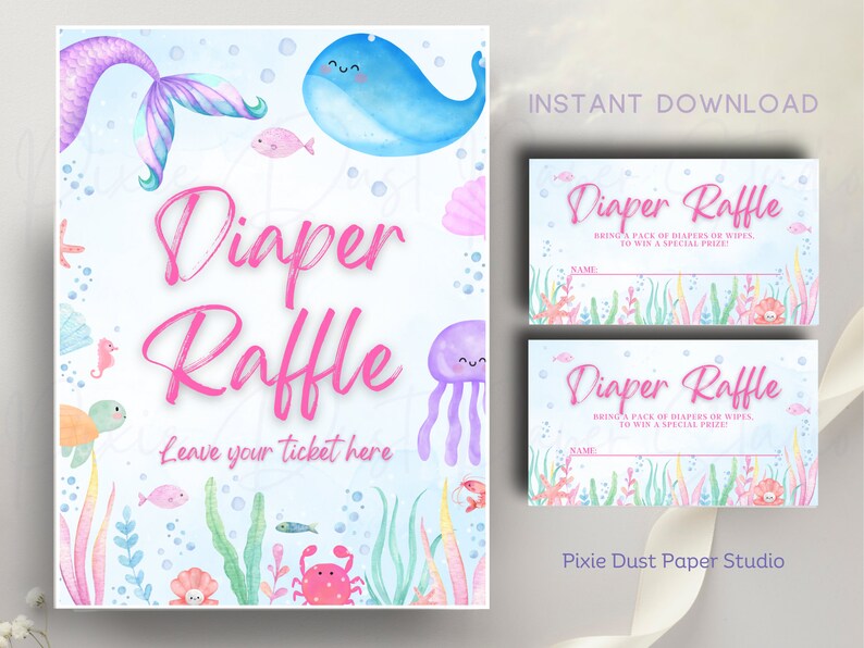 Girls Under the Sea Diaper Raffle + Ticket Card Digital Sign and Invite ...