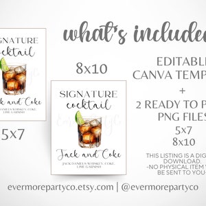 Jack and Coke Signature Cocktail Drink Bar Sign, Editable Template ...