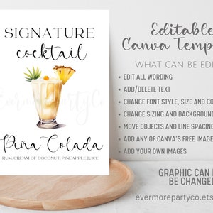 Pina Colada Signature Drink Cocktail Bar Sign, Editable Template ...