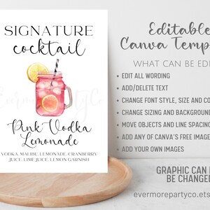 Pink Vodka Lemonade Signature Drink Cocktail Bar Sign, Editable ...