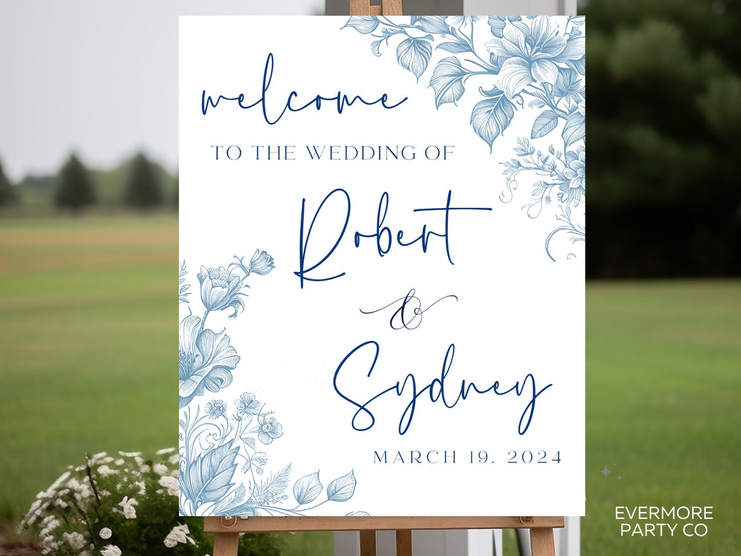 Blue Floral Wedding Foam Board Welcome Sign, Printed or Digital, Light ...