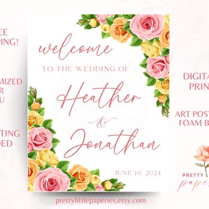 Pink and Yellow Floral Wedding Welcome Sign, Printed Custom Foam Board ...