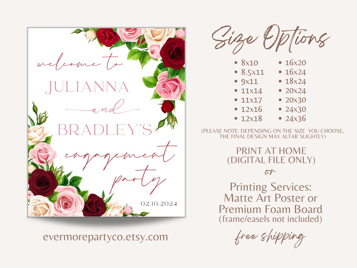 Pink Red Roses Engagement Party Welcome Sign, Printed or Digital, Foam ...