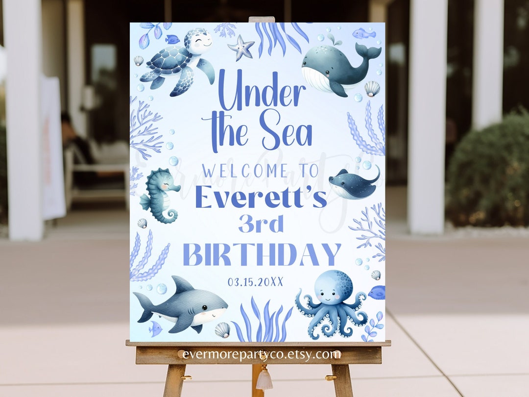 Editable Blue Under the Sea Boys Birthday Party Welcome Sign Template ...
