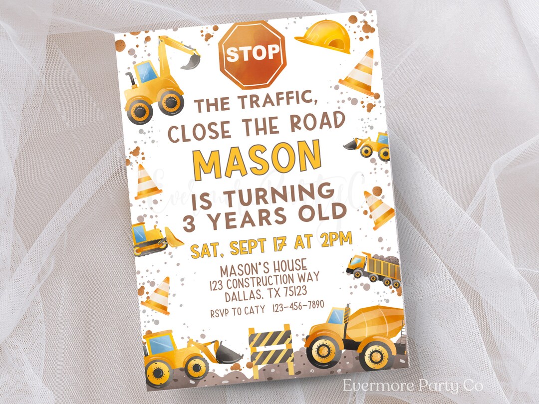 Yellow Construction Boys Birthday, Editable Digital Invite Canva ...