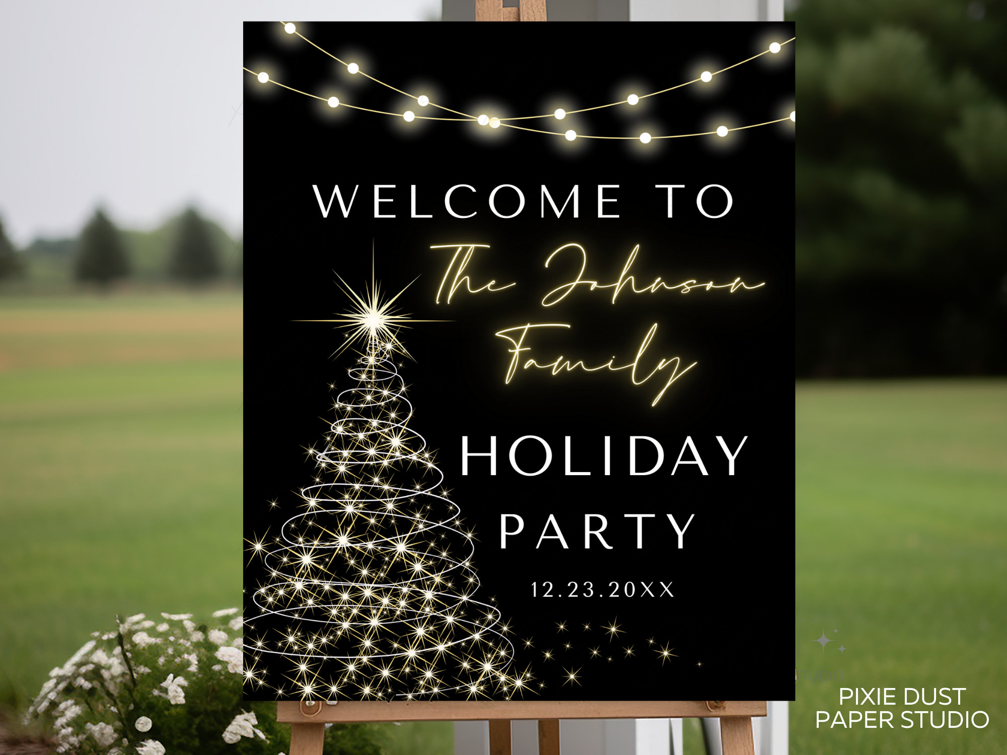 Black and Gold Holiday Party Welcome Sign, Family Holiday Party ...