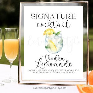 Vodka Lemonade Signature Cocktail Drink Bar Sign, Editable Template ...
