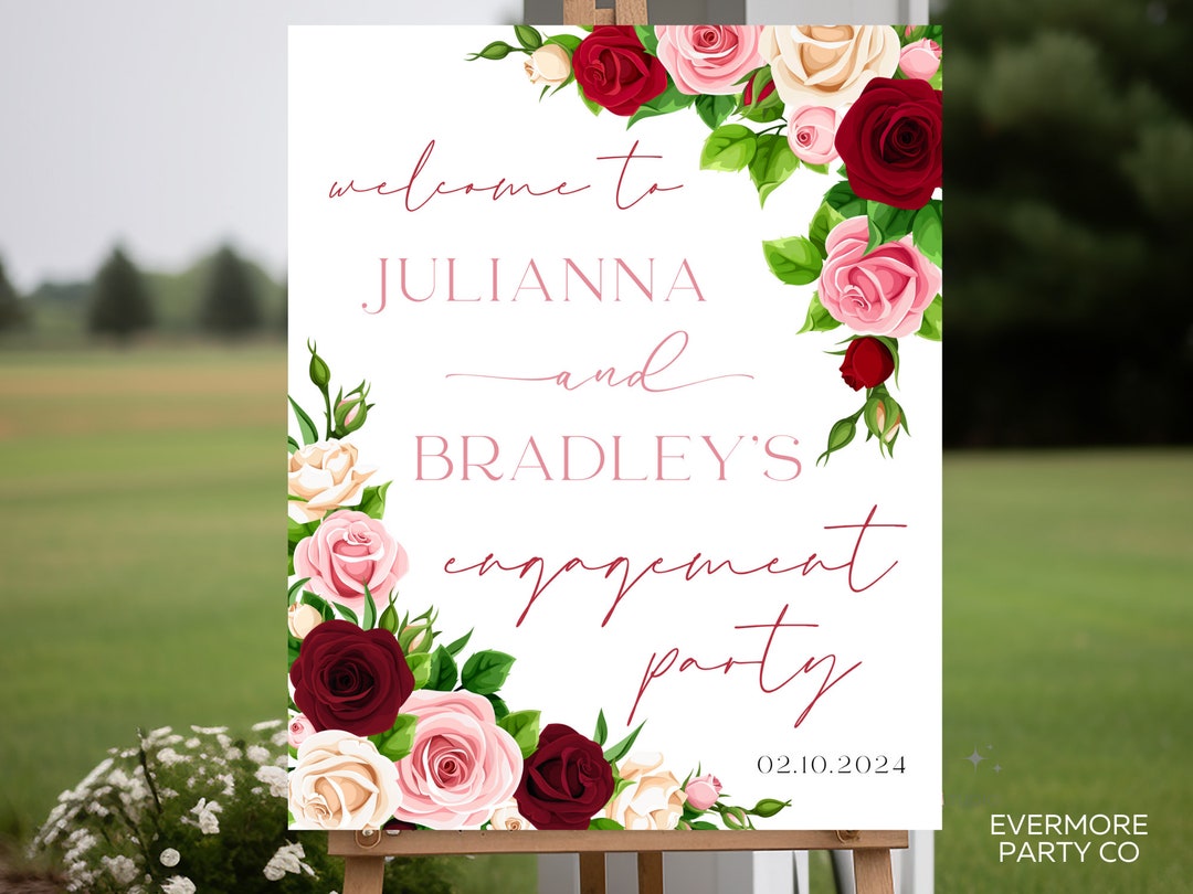 Pink Red Roses Engagement Party Welcome Sign, Printed or Digital, Foam ...
